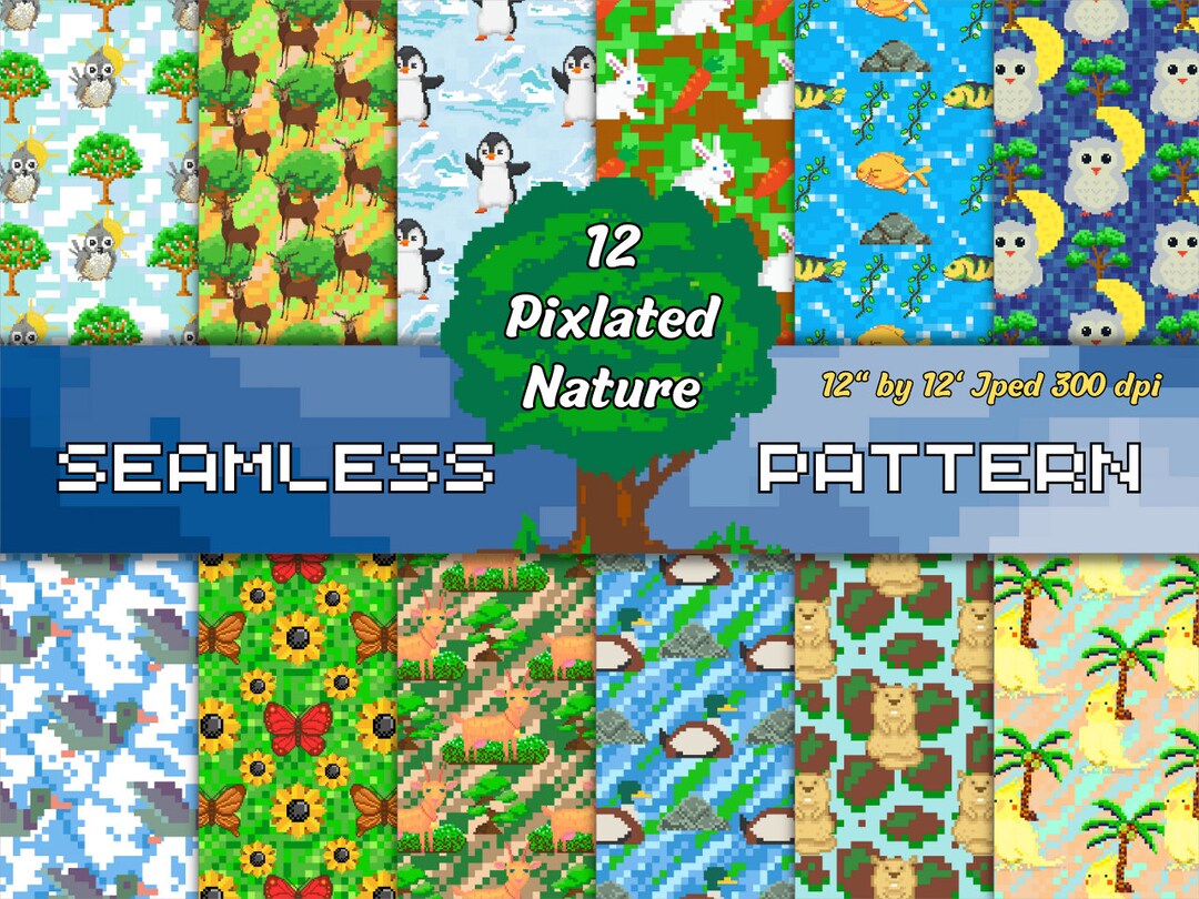 12 Pixelated Nature Seamless Pattern Digital Paper Pack Pixel Art With ...