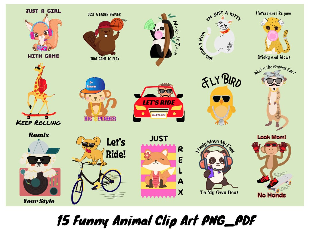 15 Funny Cute Animal Clip Art Set With Sayings-t-shirt, Stickers ...