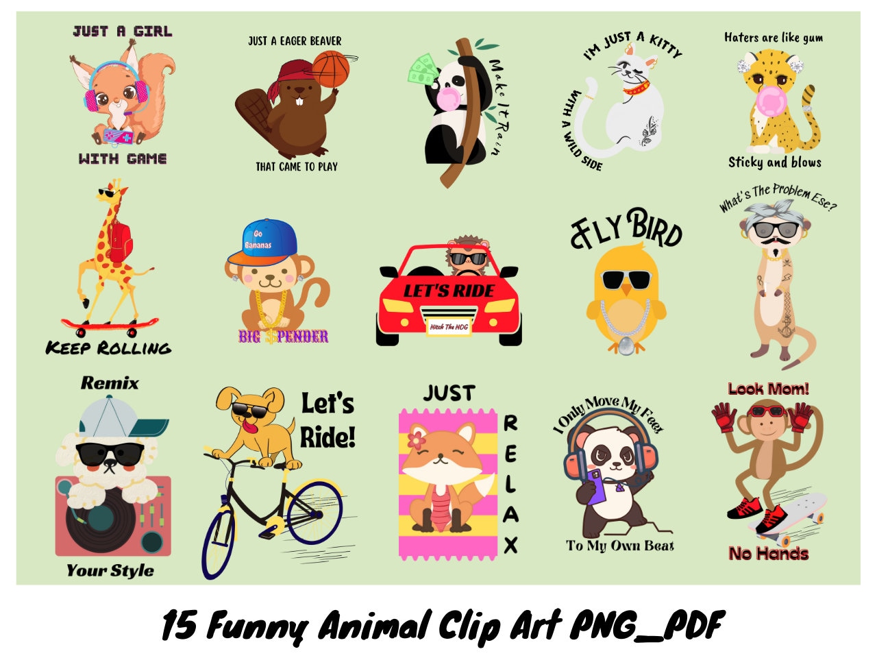 15 Funny Cute Animal Clip Art Set With Sayings-t-shirt, Stickers ...