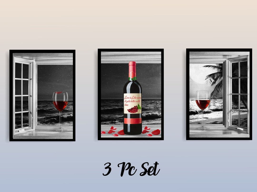 Romantic Red Wine Printable Wall Art With Black and White Moonlit Beach ...