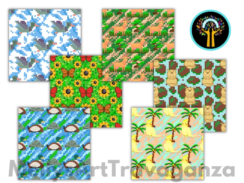 12 Pixelated Nature Seamless Pattern Digital Paper Pack Pixel Art With ...