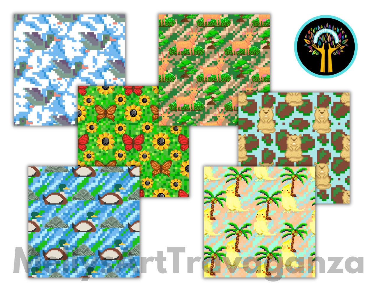 12 Pixelated Nature Seamless Pattern Digital Paper Pack Pixel Art With ...