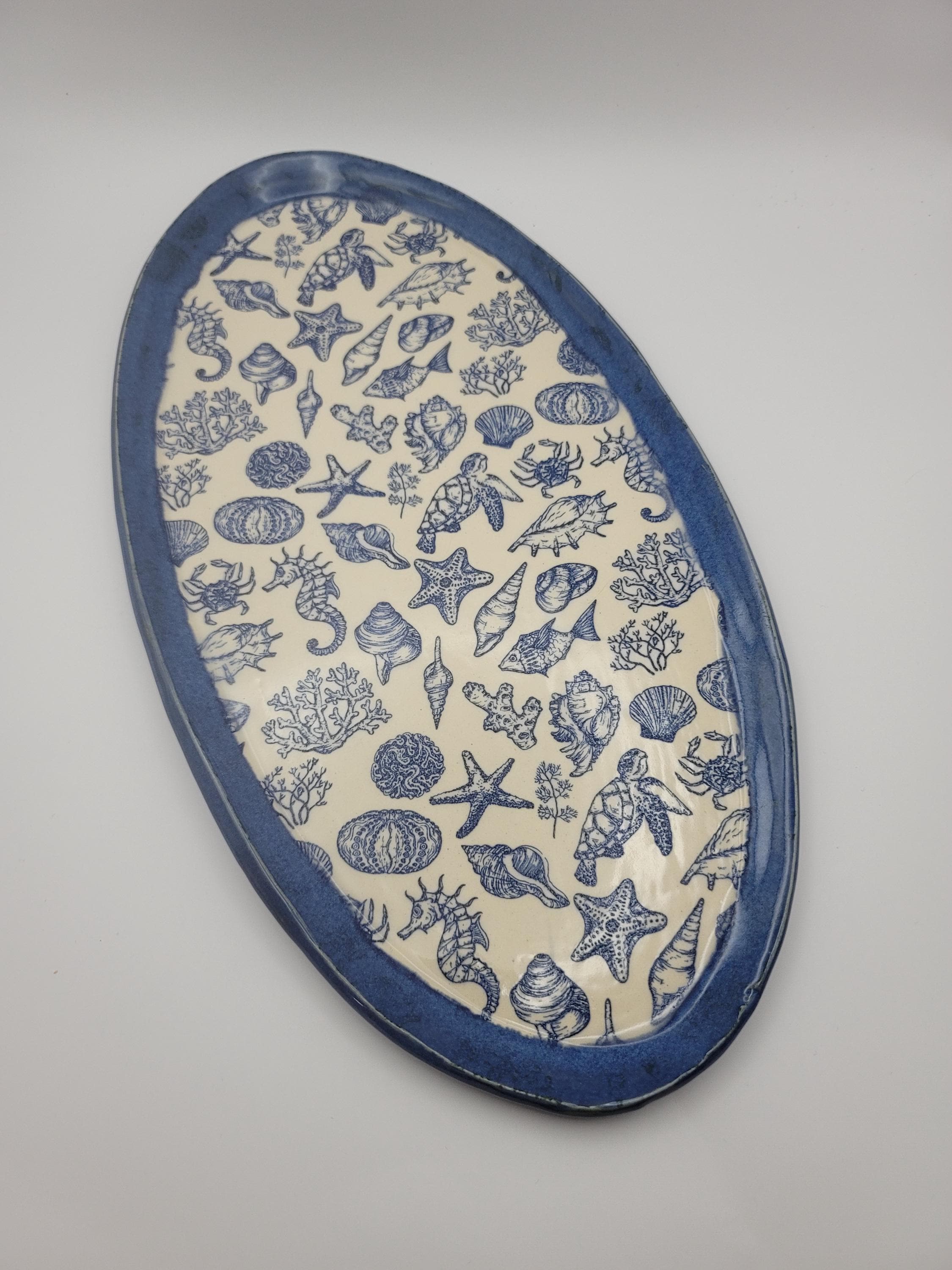 Handmade Ceramic Ocean Life Platter Large 12 X 7 Blue With Imprinted ...