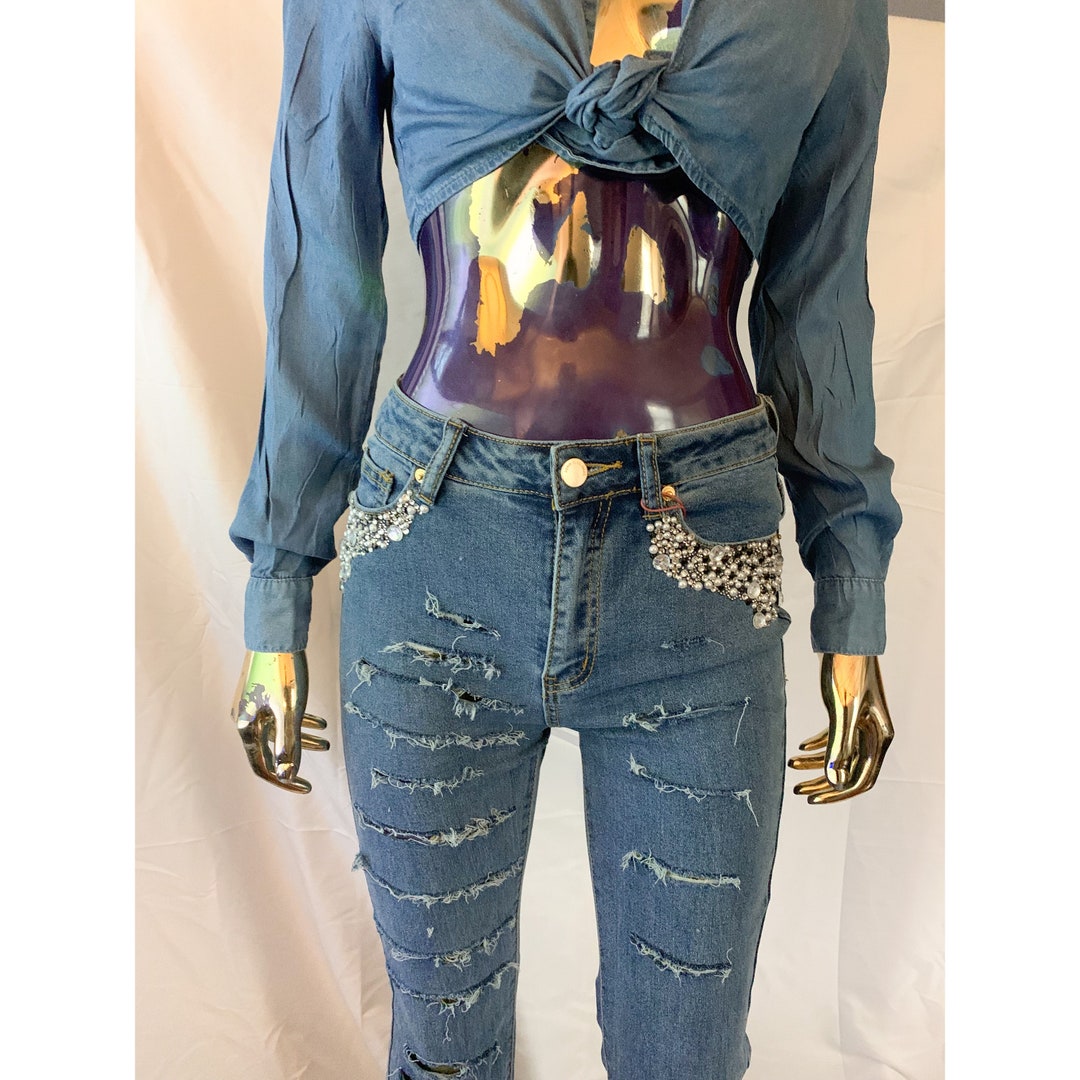 Flare Bootcut Jeans With Rhinestones - Etsy