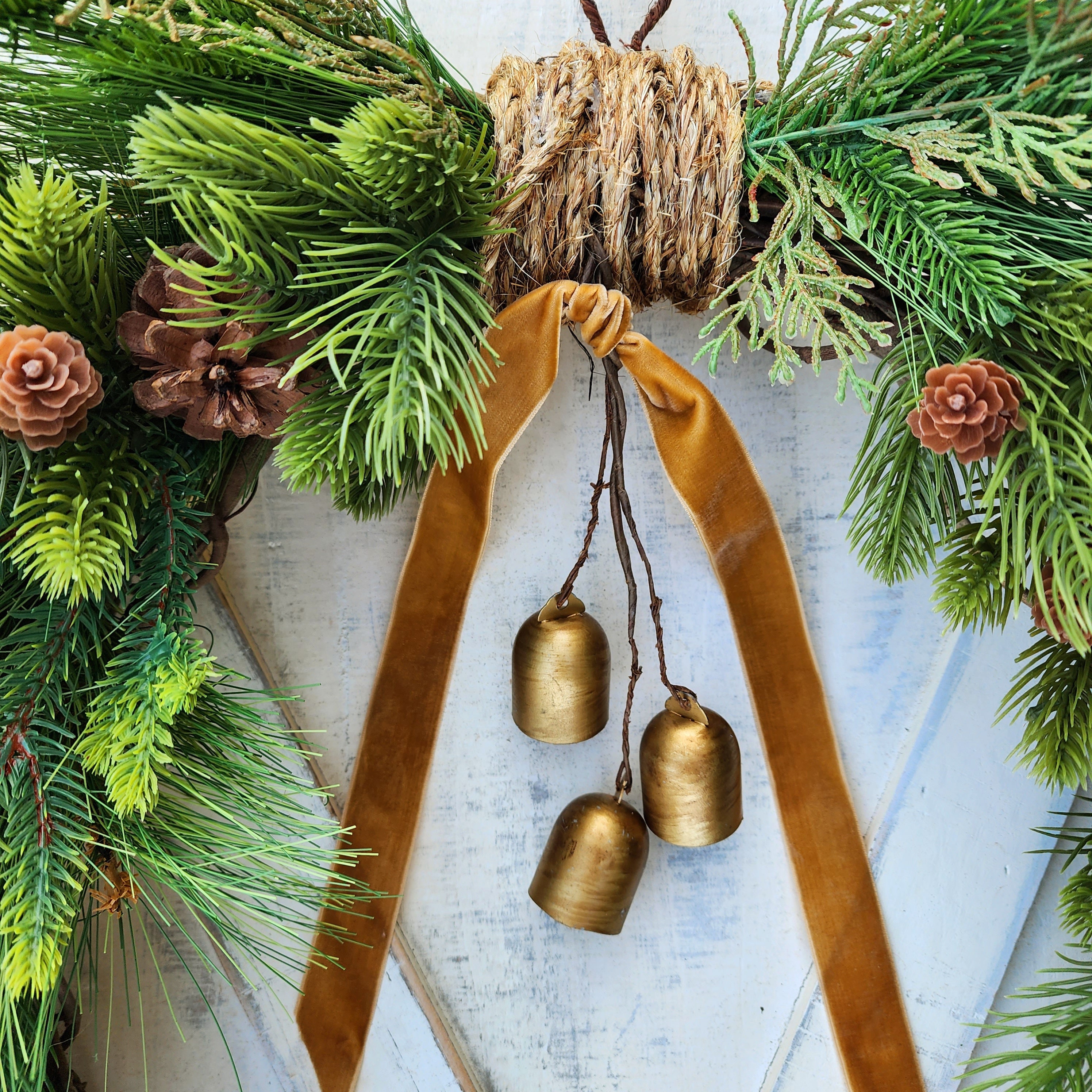Bell Christmas Pine Door Wreath, Neutral Winter Holiday, Pine Wreath ...