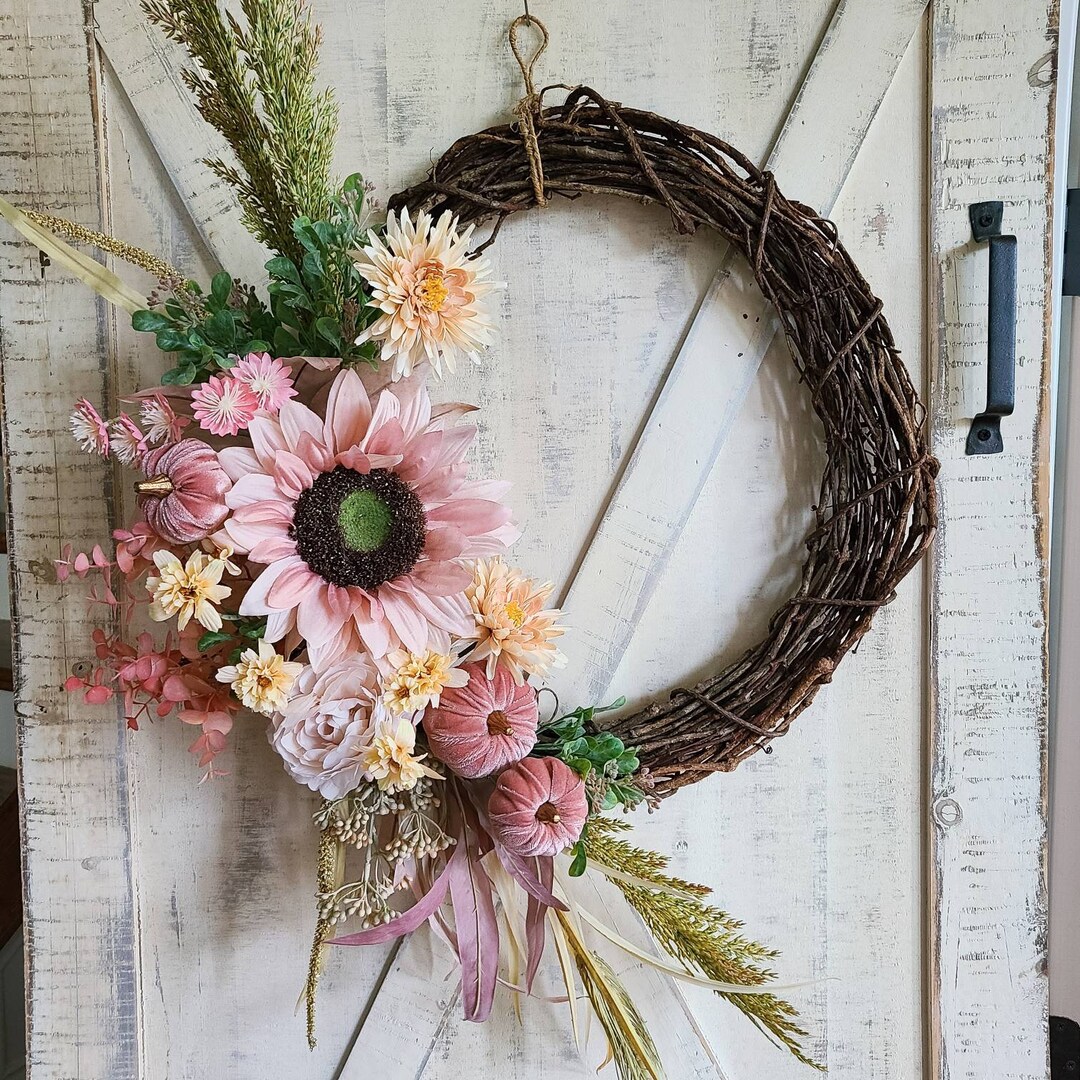 Pink Fall Wreath for Front Door With Sunflower and Velvet Pumpkin ...