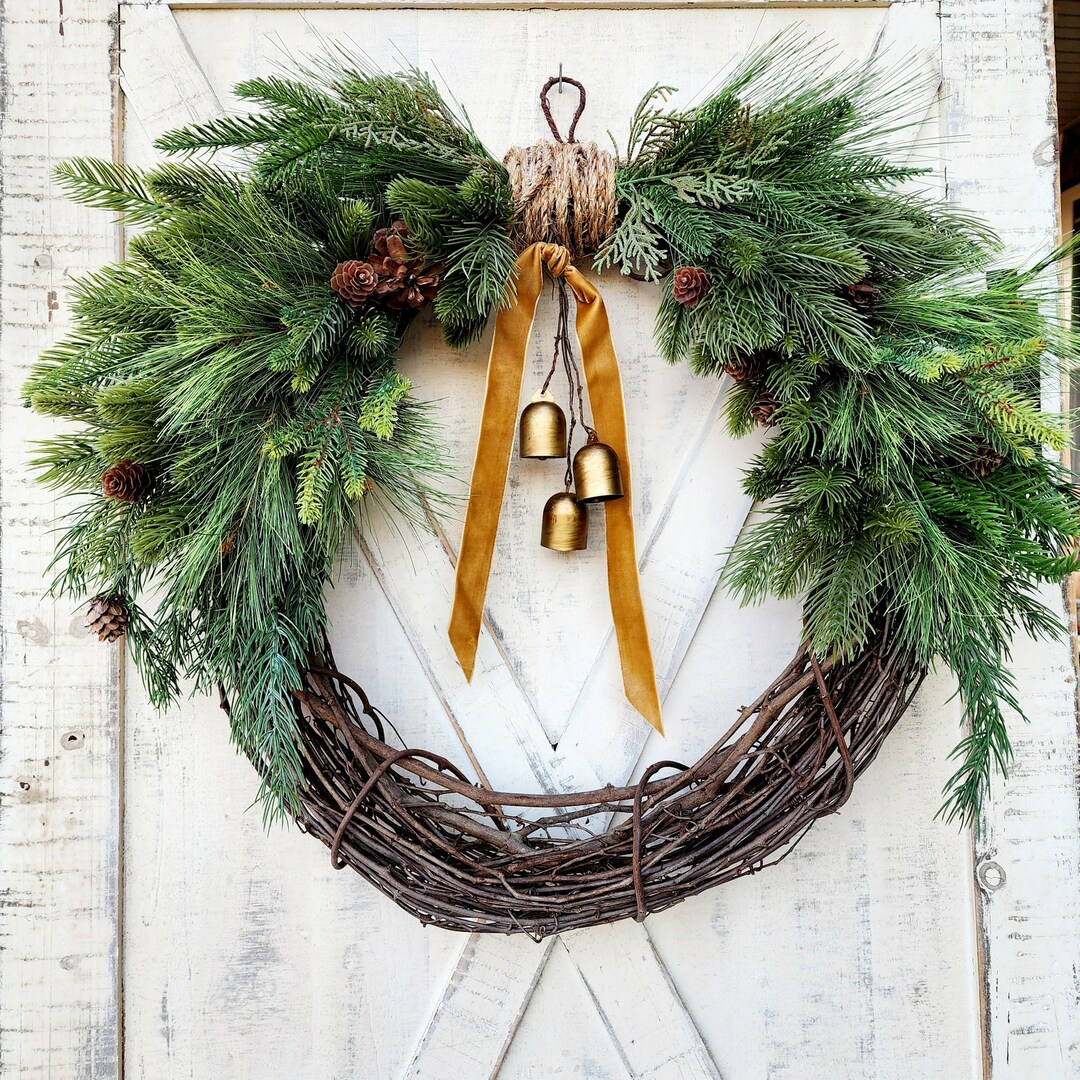 Bell Christmas Pine Door Wreath, Neutral Winter Holiday, Pine Wreath ...