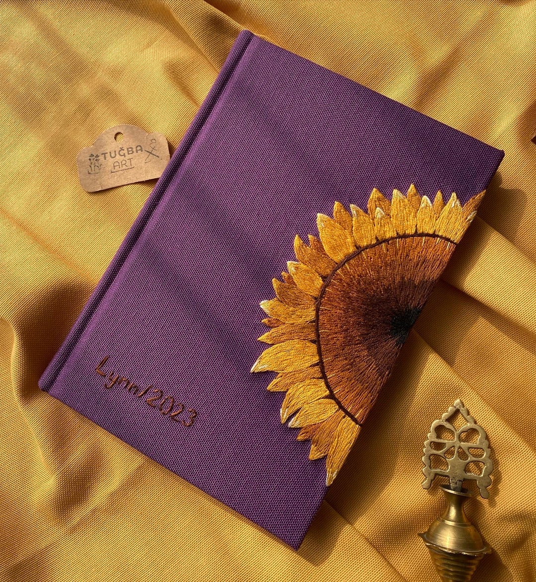Purple Sunflower Embroidered Notebook: Personalized Linen Journal - Etsy