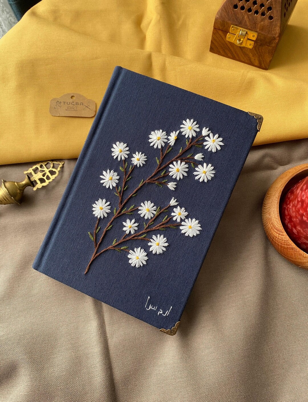 Dark Blue Daisies Embroidered Notebook, Custom Diary, Bullet Journal ...