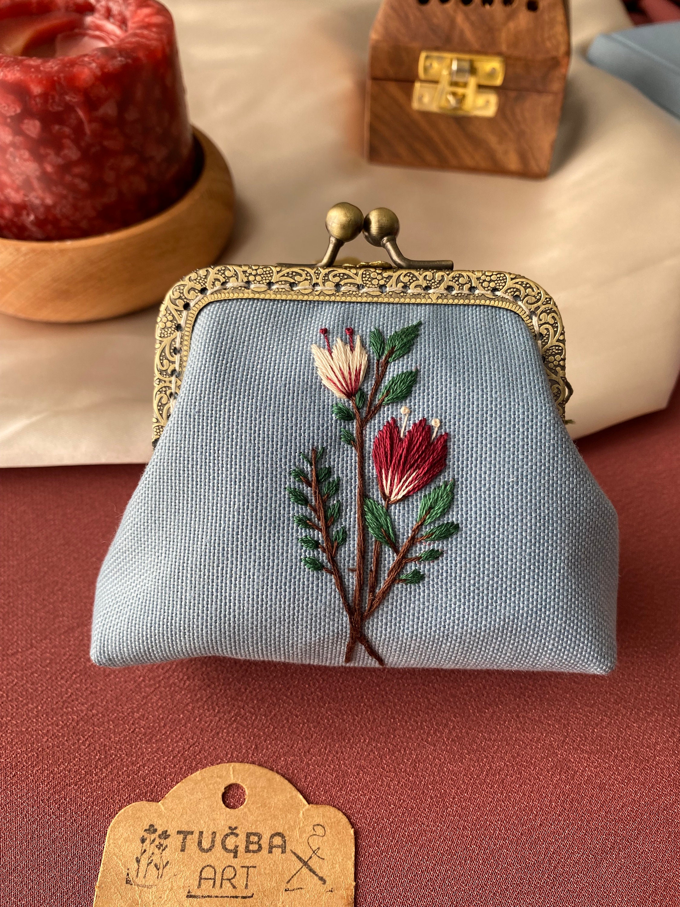 Wallet Clip on Purse Lily Blue Purses Embroidered Wallet Handmade Clip ...