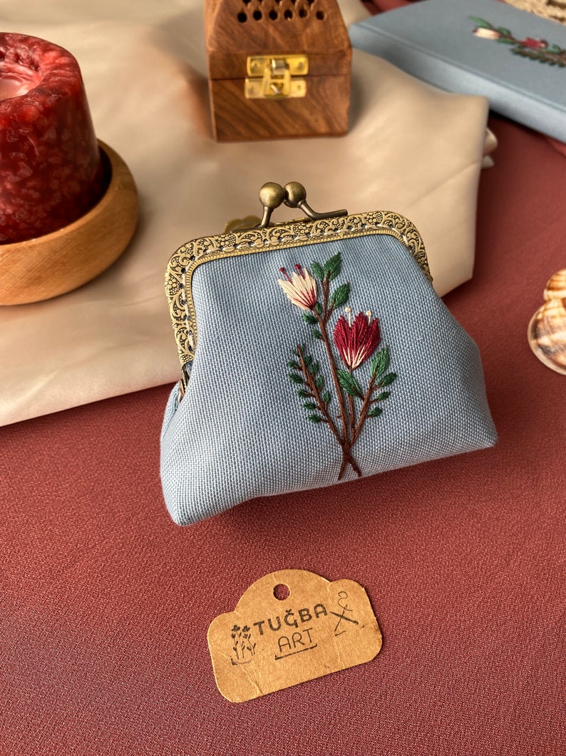 Wallet Clip on Purse Lily Blue Purses Embroidered Wallet Handmade Clip ...