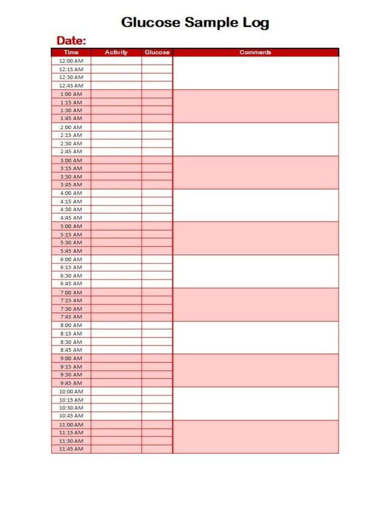Hourly Glucose Spreadsheet / Printable Log - Etsy