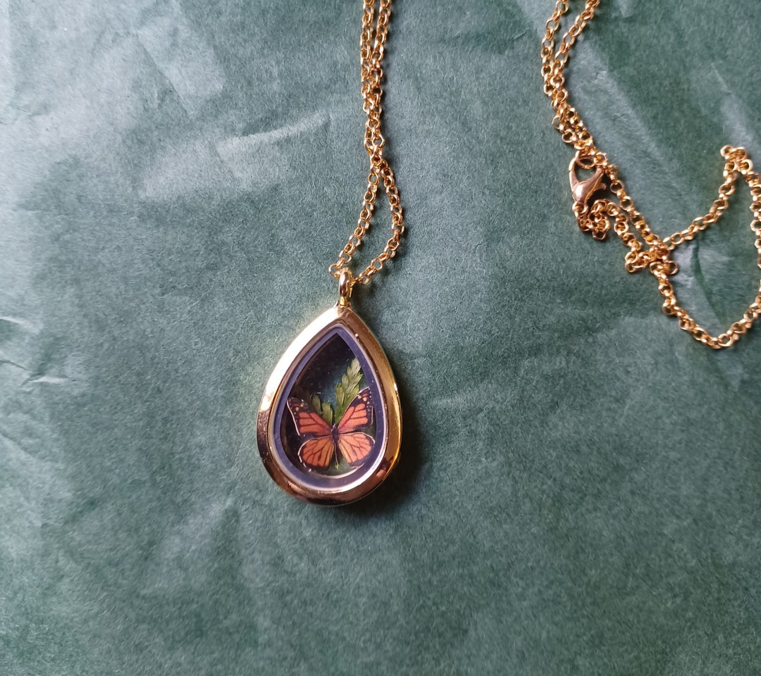 Monarch Butterfly Teardrop Locket Necklace, Fern Greenery, 24 Inch ...