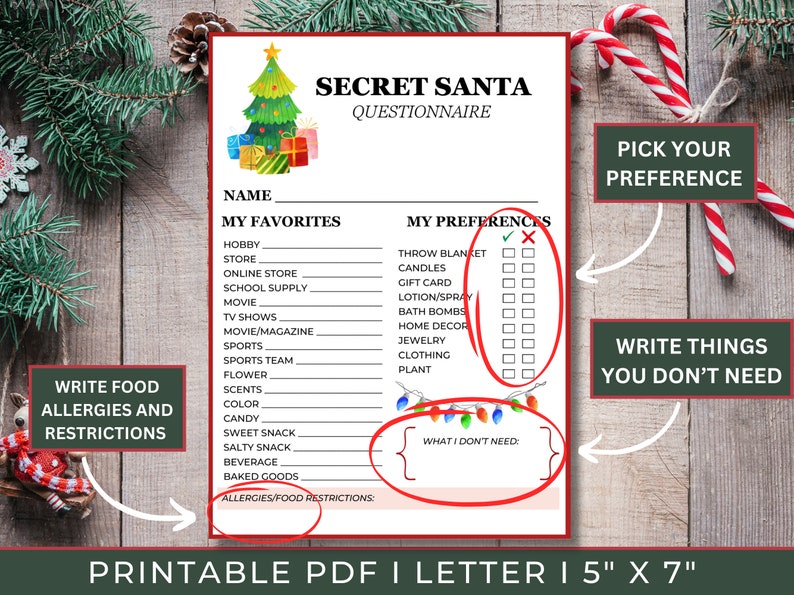 Printable Secret Santa Gift Exchange Questionnaire for Christmas and ...