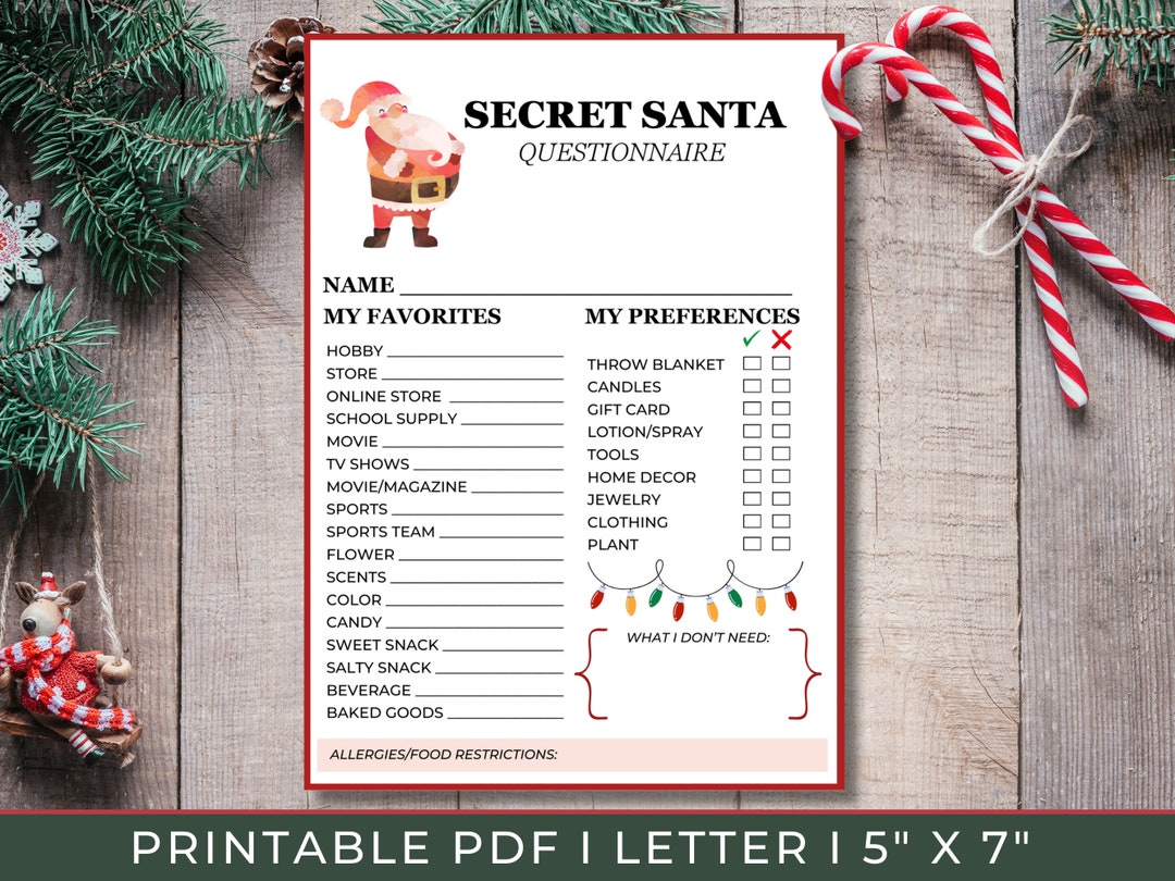 Printable Secret Santa Gift Exchange Questionnaire for Christmas and ...