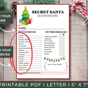 Printable Secret Santa Gift Exchange Questionnaire for Christmas and ...