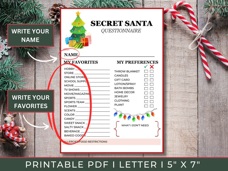 Printable Secret Santa Gift Exchange Questionnaire for Christmas and ...