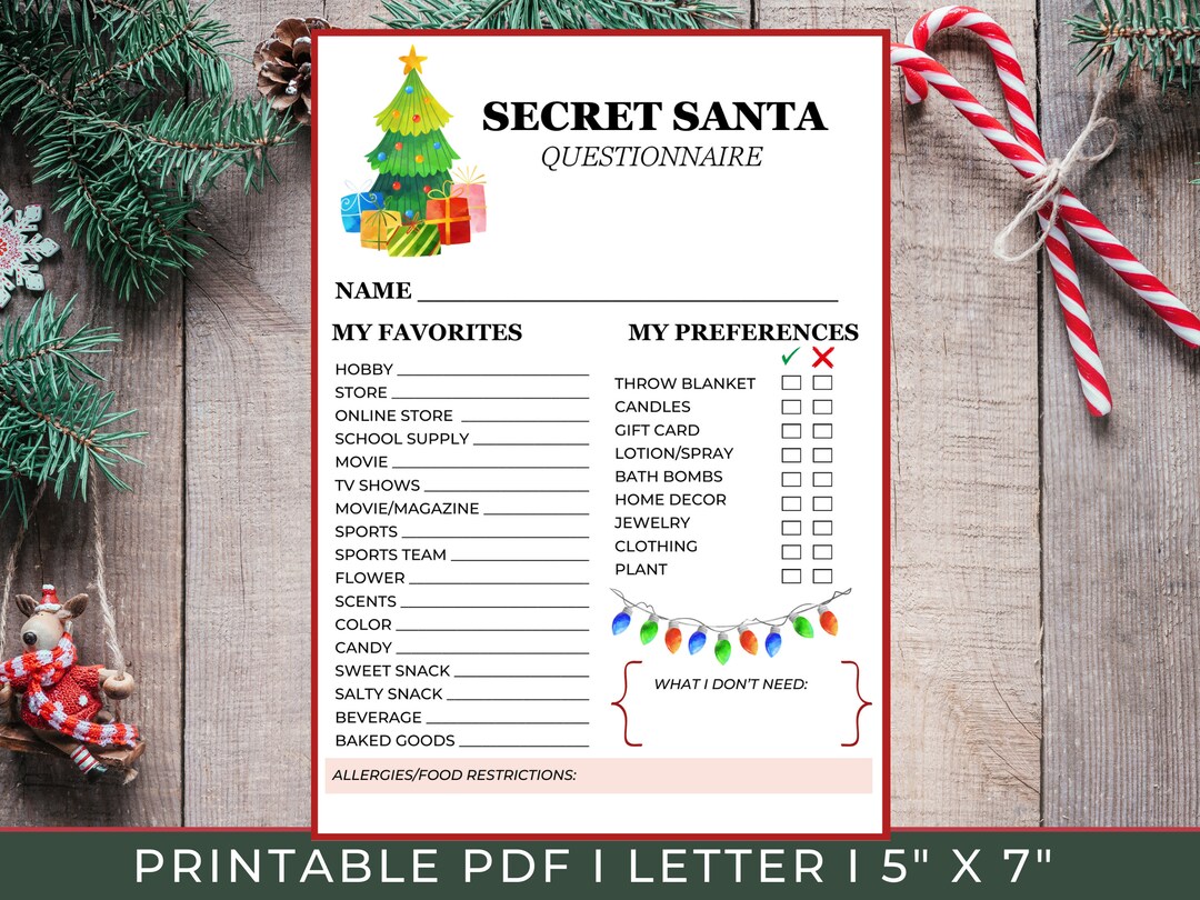 Printable Secret Santa Gift Exchange Questionnaire for Christmas and ...