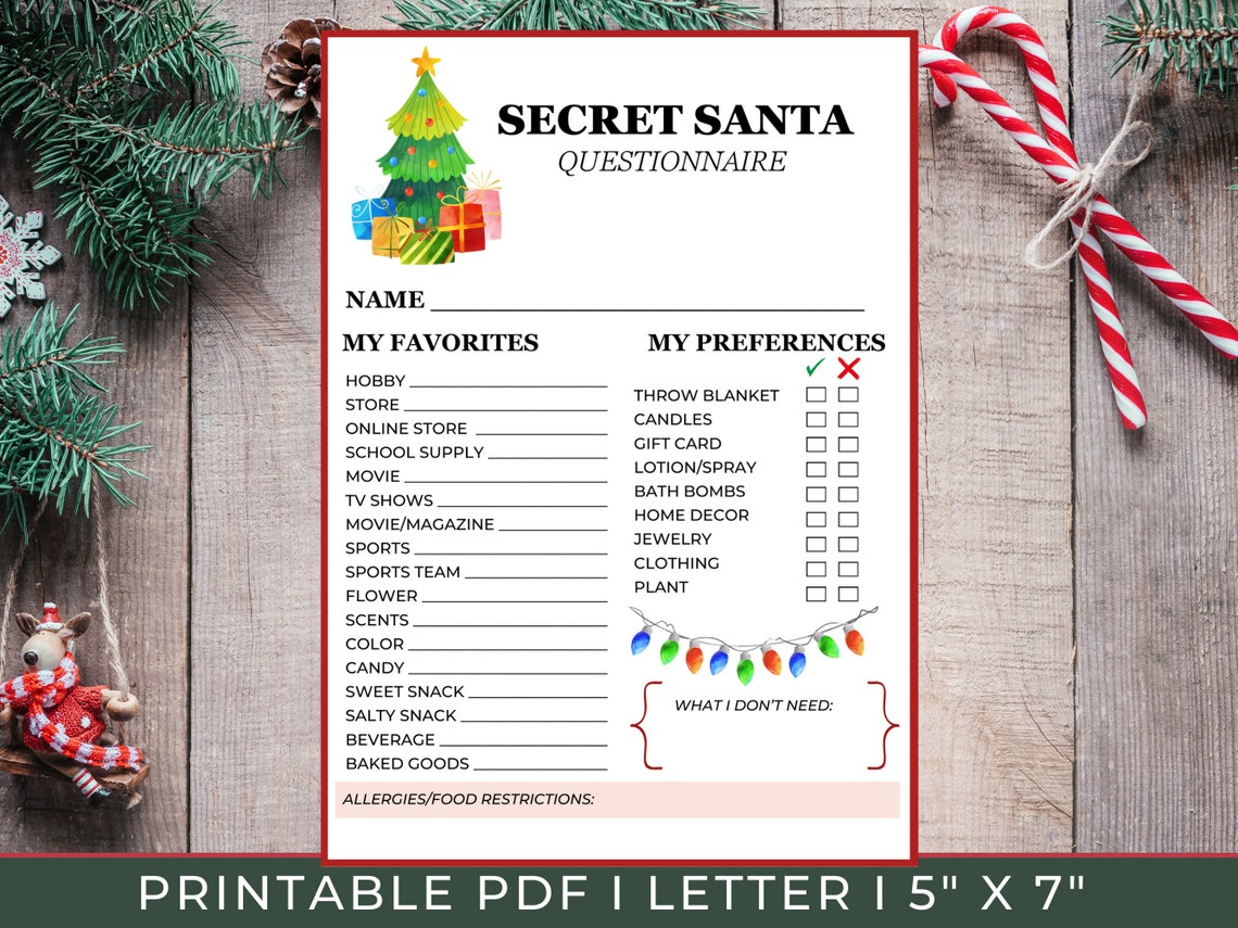 Printable Secret Santa Gift Exchange Questionnaire for Christmas and ...