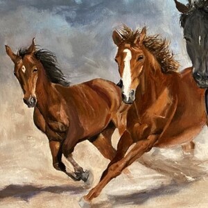 Original Painting, Group of Five Horses, Wild Horse Herd, Square Format ...
