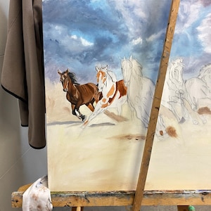 Original Painting, Group of Five Horses, Wild Horse Herd, Square Format ...