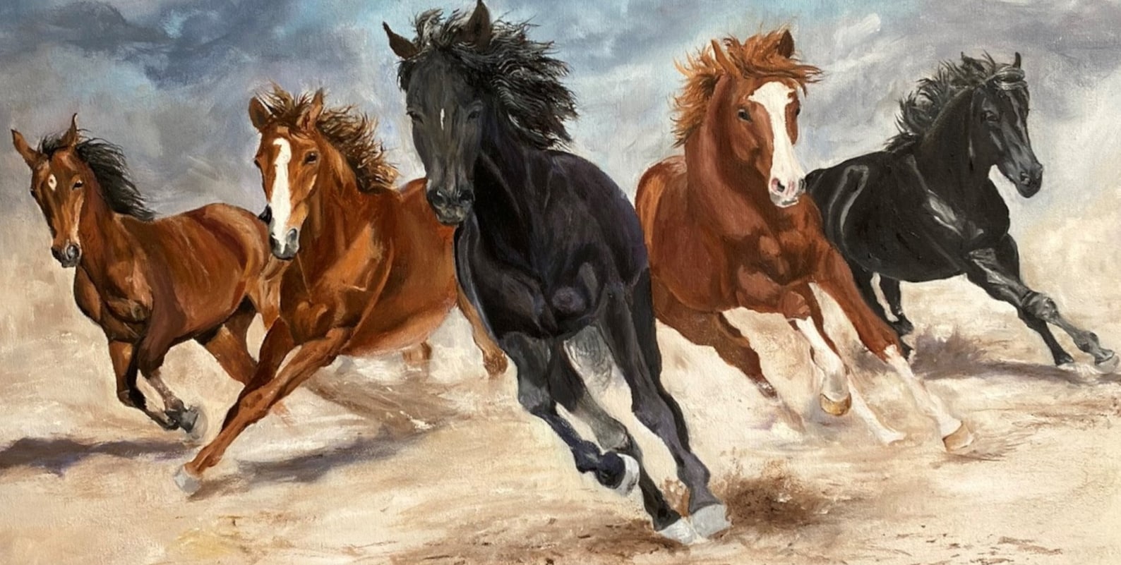 Original Painting, Group of Five Horses, Wild Horse Herd, Square Format ...