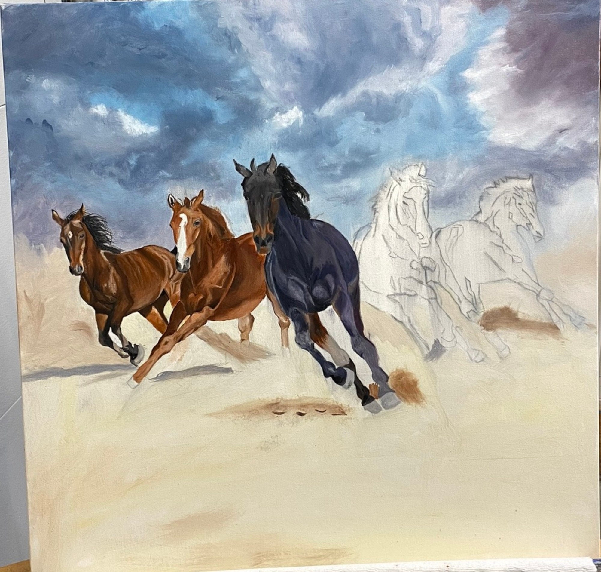 Original Painting, Group of Five Horses, Wild Horse Herd, Square Format ...