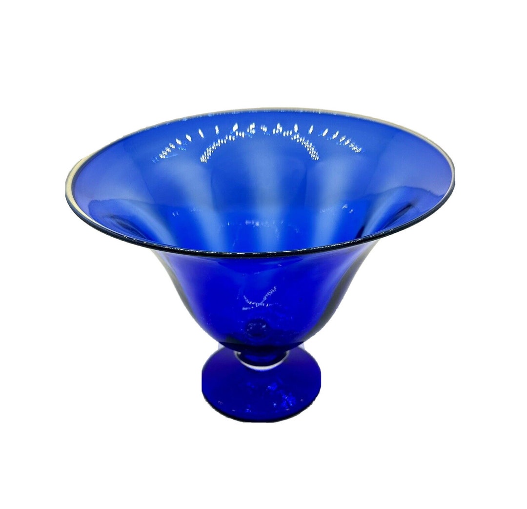 Rick Strini Art Glass Cobalt Blue Pedestal Compote / Console Bowl 1996 ...