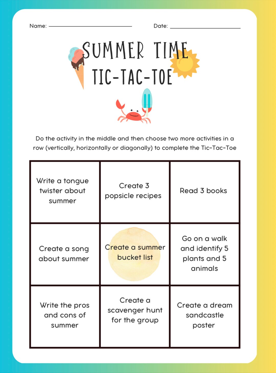 Summer Tic Tac Toe Vocabulary Writing Recognition Creativity Digital ...