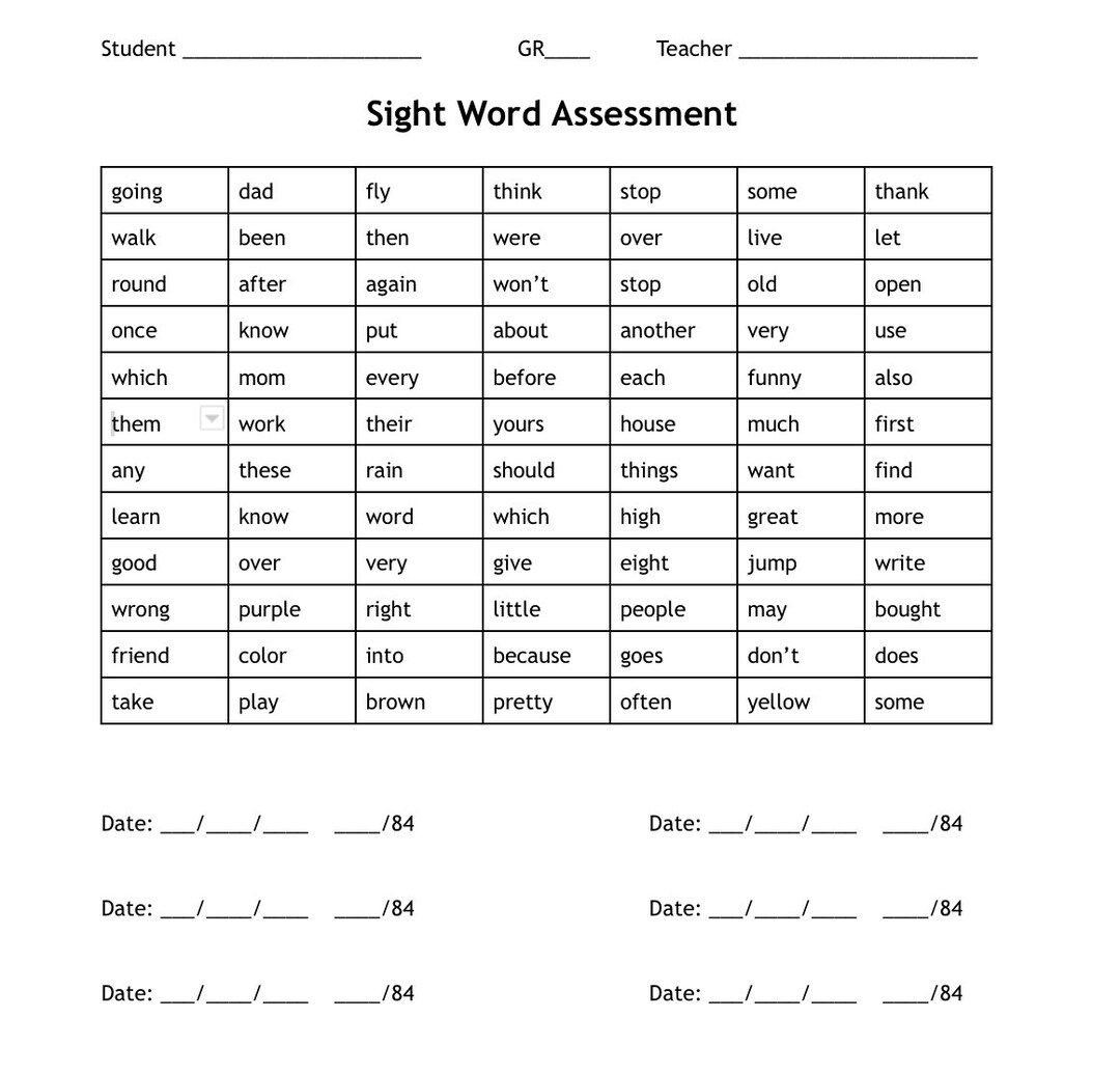First / Second Grade Sight Words + Assessment - Etsy
