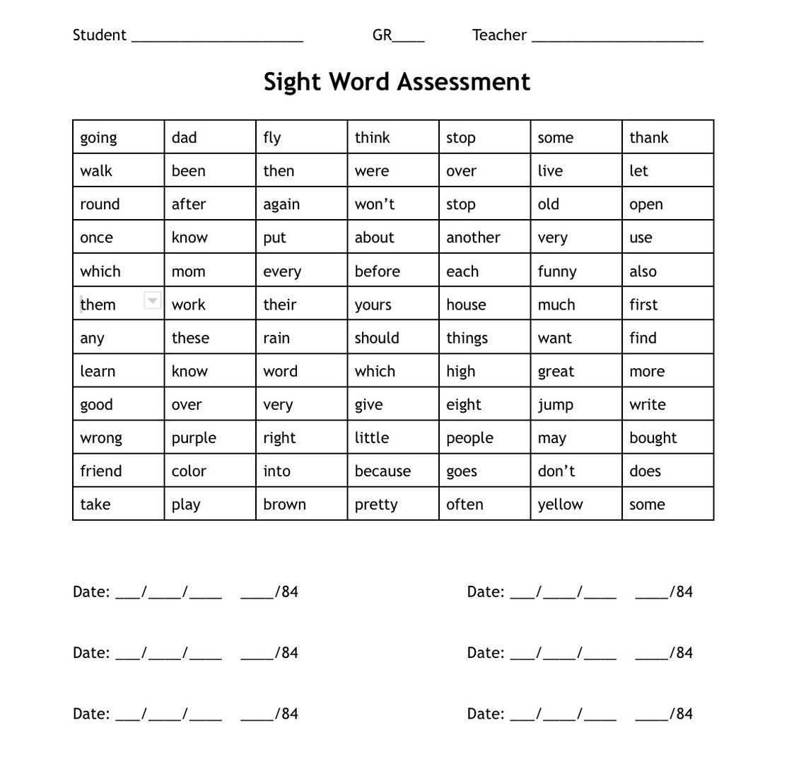 First / Second Grade Sight Words + Assessment - Etsy