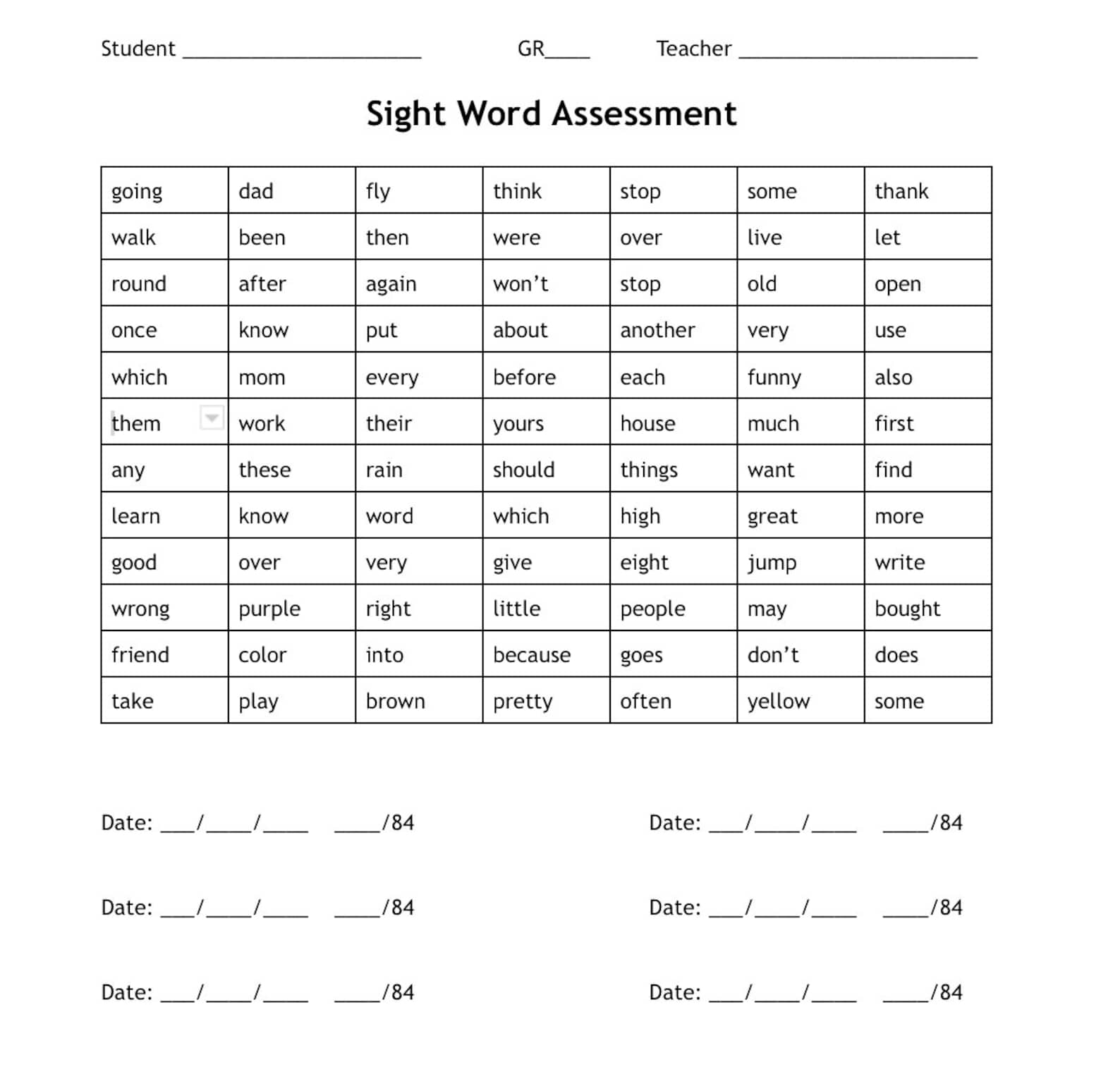 First / Second Grade Sight Words + Assessment - Etsy