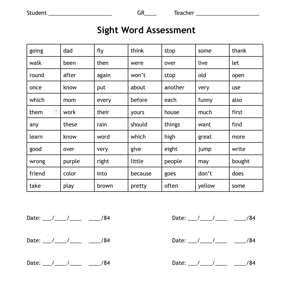 First / Second Grade Sight Words + Assessment - Etsy