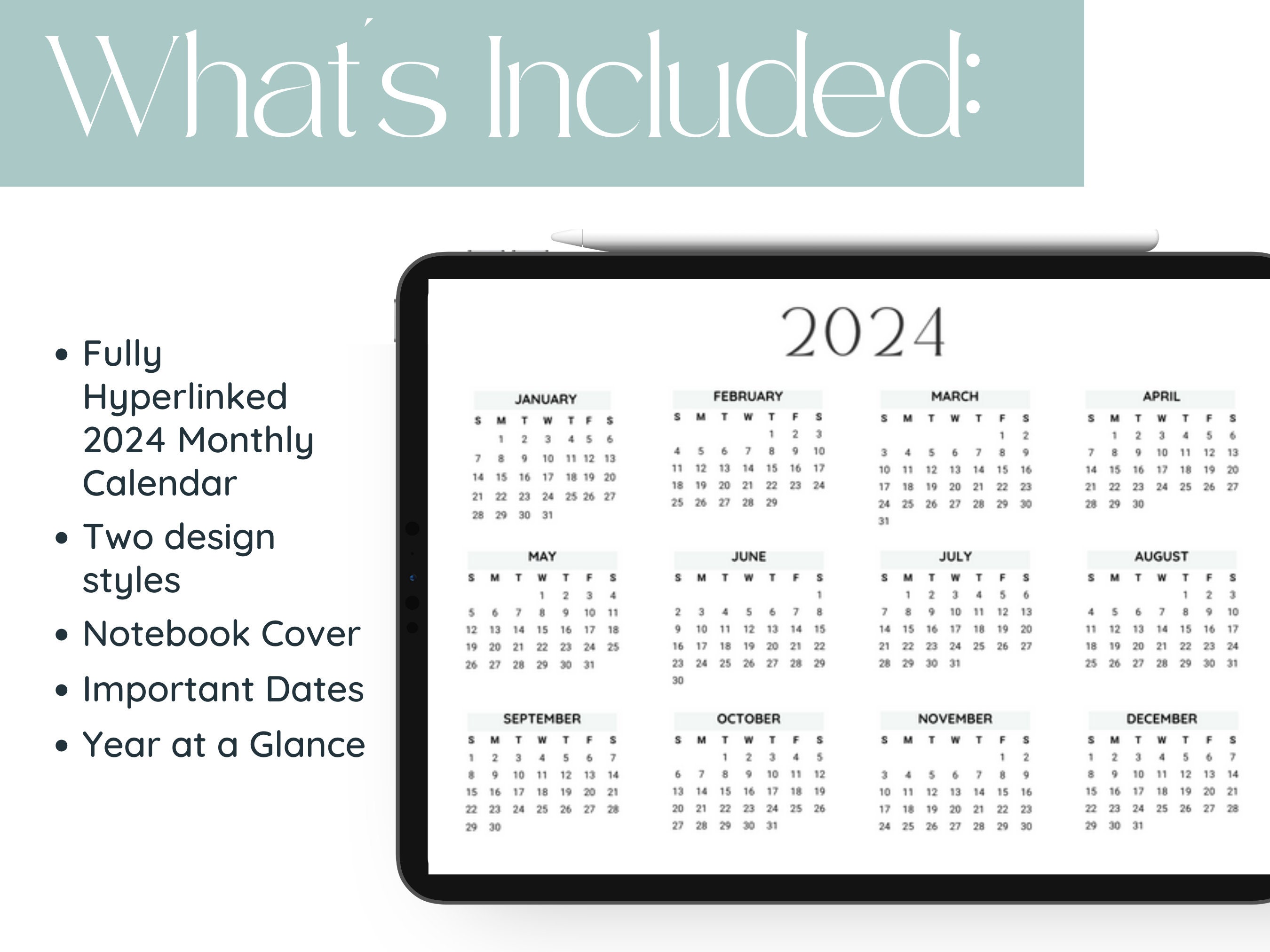 2024 DIGITAL MONTHLY CALENDAR Hyperlinked iPad Calendar Goodnotes ...