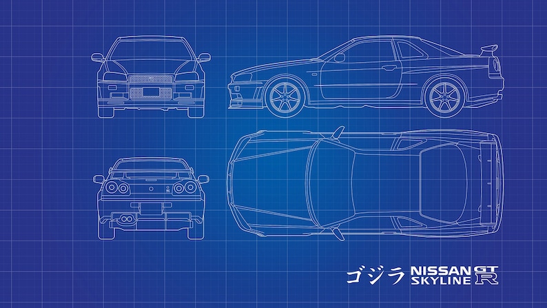 Nissan Skyline R34 Blueprint Poster, Godzilla JDM Wall Art (digital ...