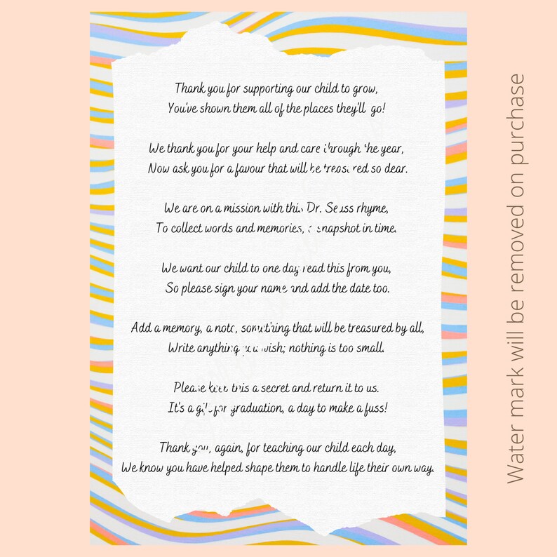 Dr Seuss Teacher Keepsake Letter Note Blurb for Book Instructions Oh ...