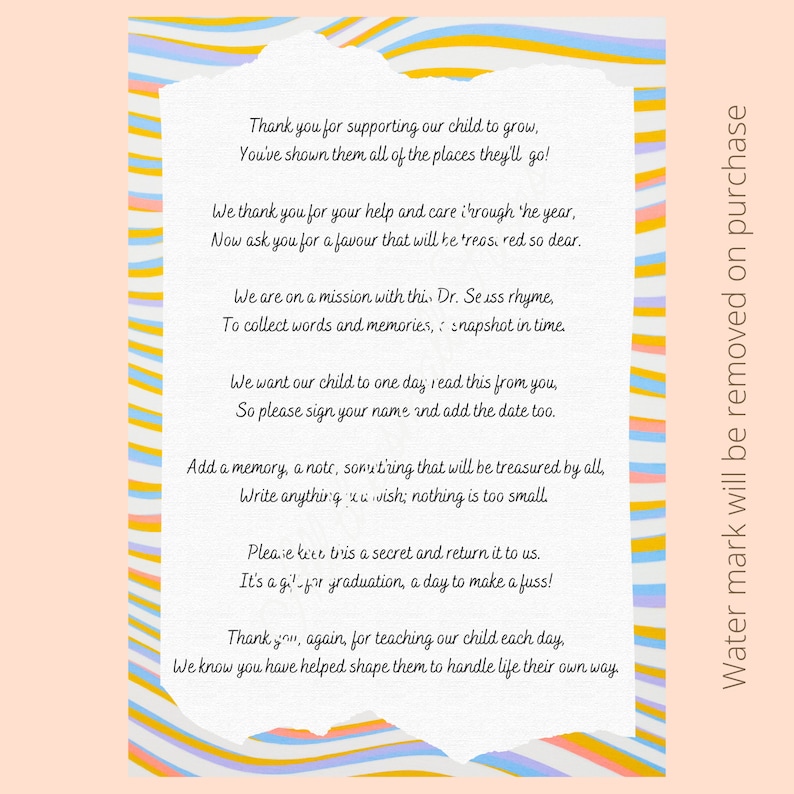 Dr Seuss Teacher Keepsake Letter Note Blurb for Book Instructions Oh ...