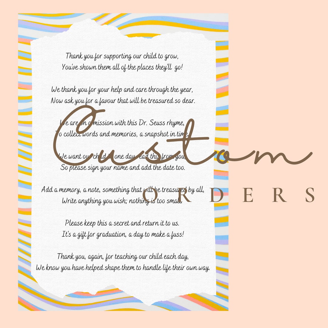 Dr Seuss Personalised Teacher Keepsake Letter | Note | Blurb for Book ...