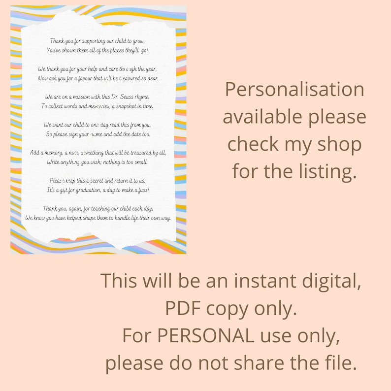 Dr Seuss Teacher Keepsake Letter Note Blurb for Book Instructions Oh ...