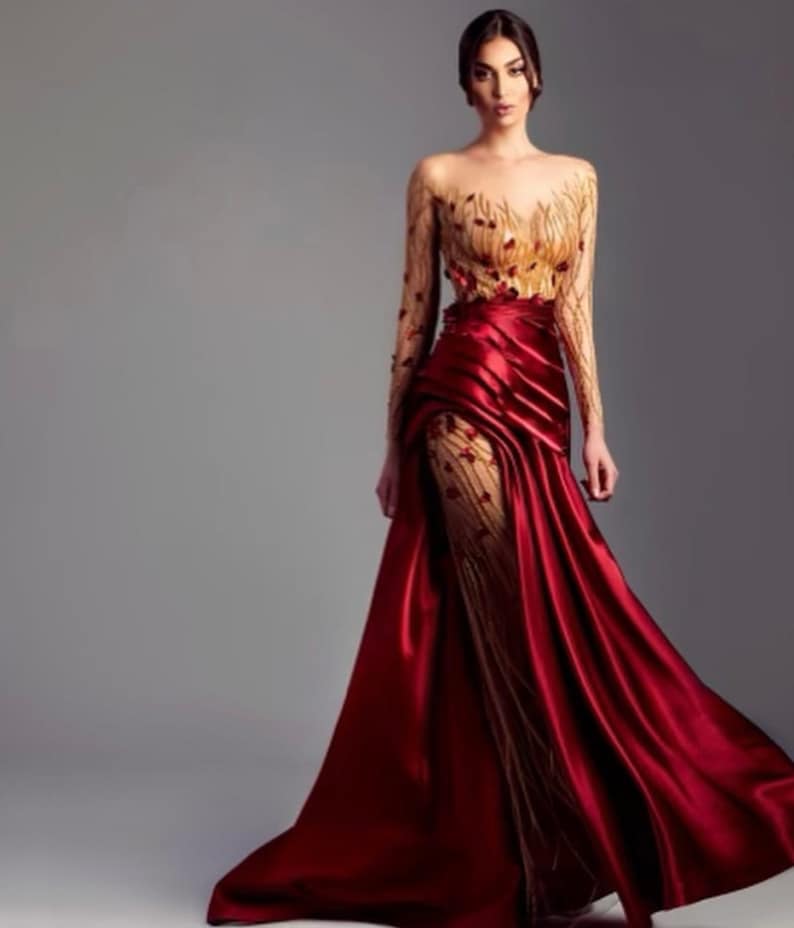 Mesh-embellished Red Rose Dress With a Elegantly Placed Half Overskirt ...