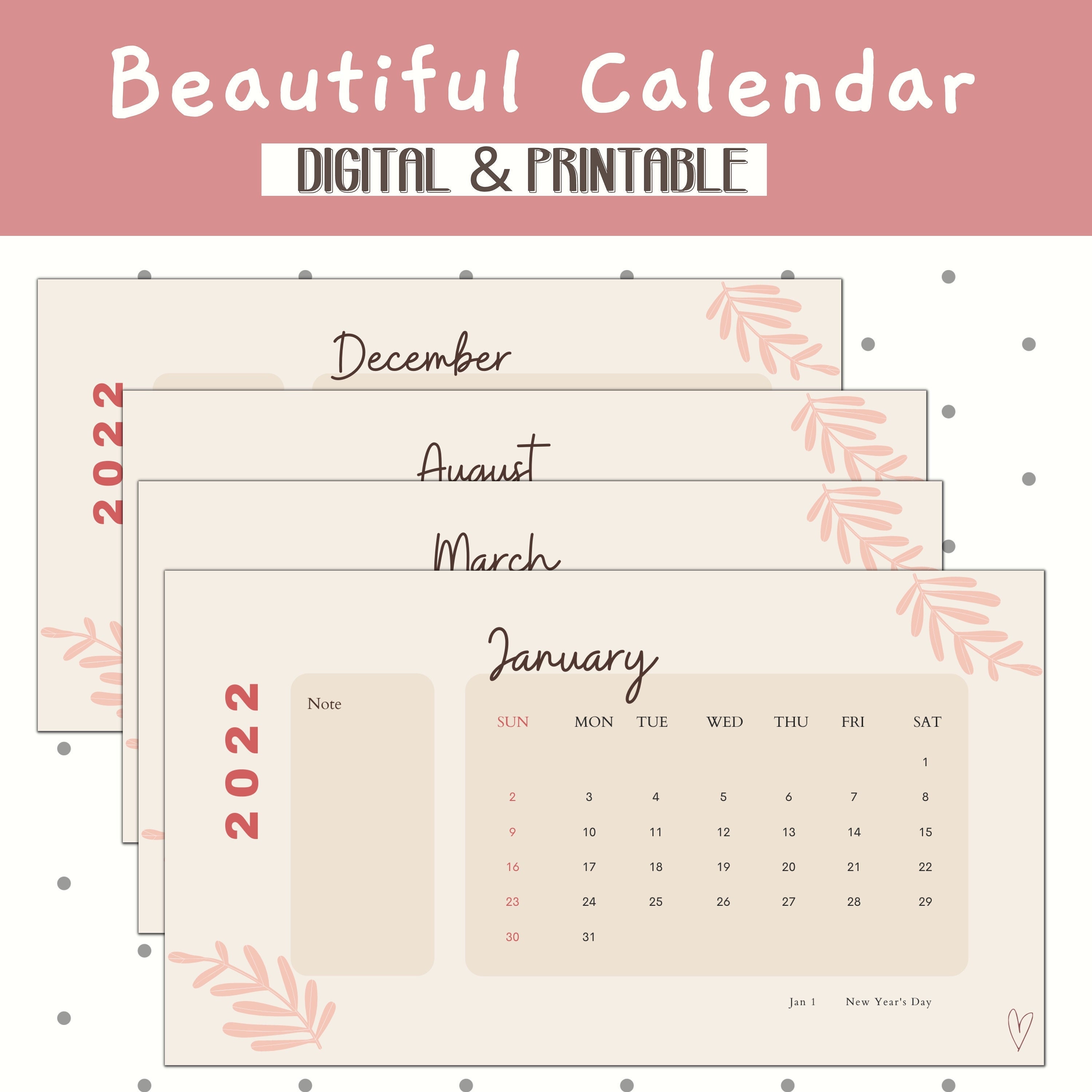 2022 Monthly Calendar, Printable Calendar Template, Minimalist Calendar ...