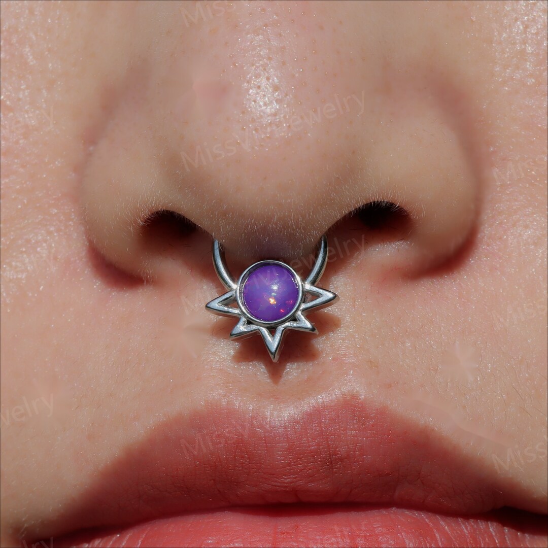 16G 316L Steel Purple Opal Sun Septum Ring/ Hinged Septum Hoop/ Opal ...