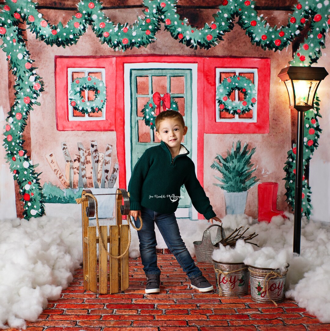 Rustic Red Front Door Porch Photography Backdrop - Christmas, Wreath ...