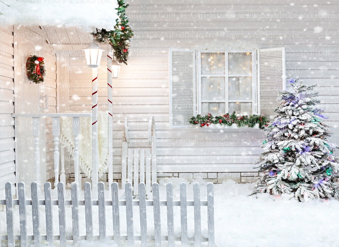 Snowy Front Porch, Picket Fence Photography Backdrop Winter Trees, Snow ...