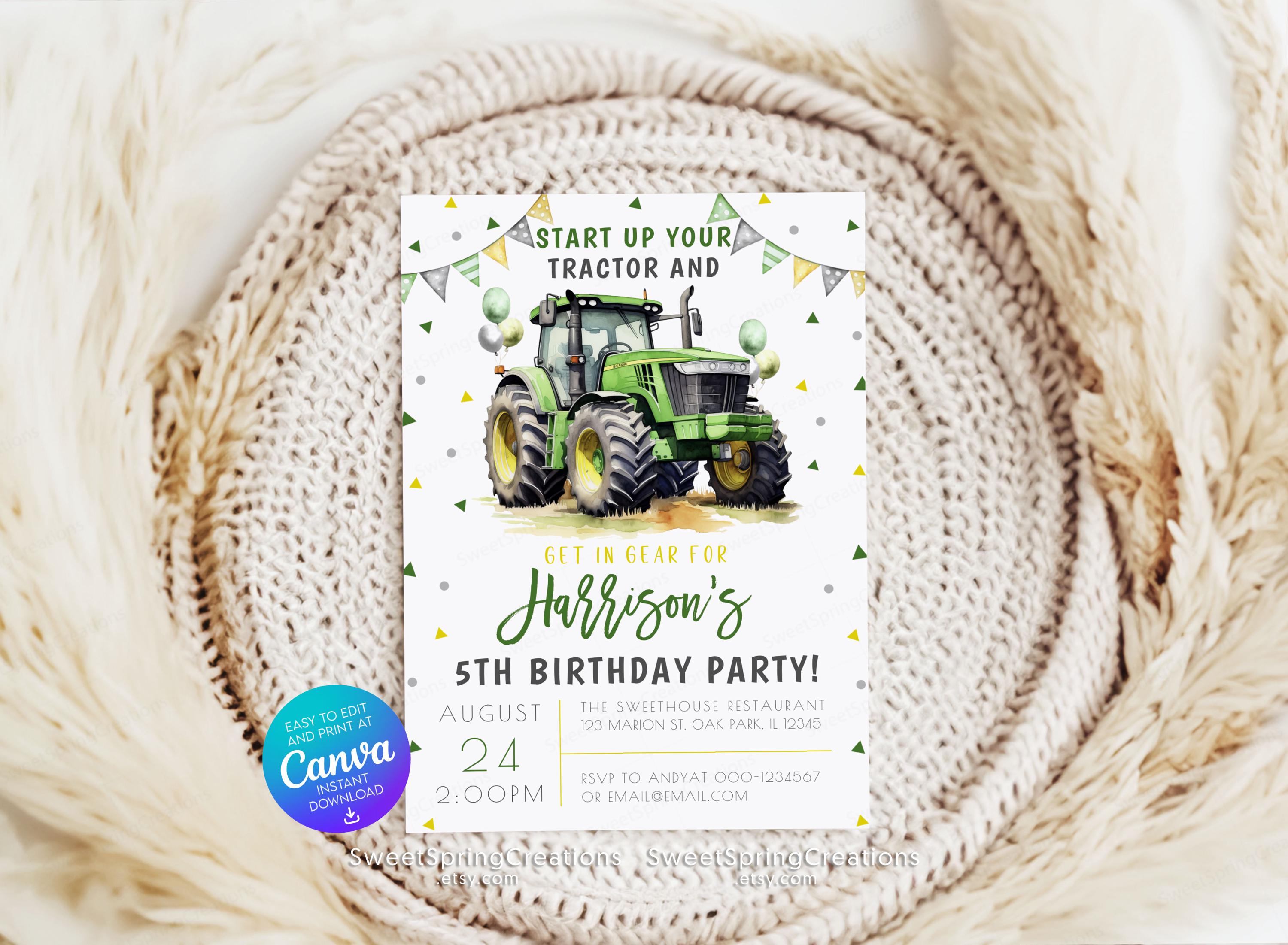 Editable Green Tractor Birthday Invitation Template: Farm Vehicles ...