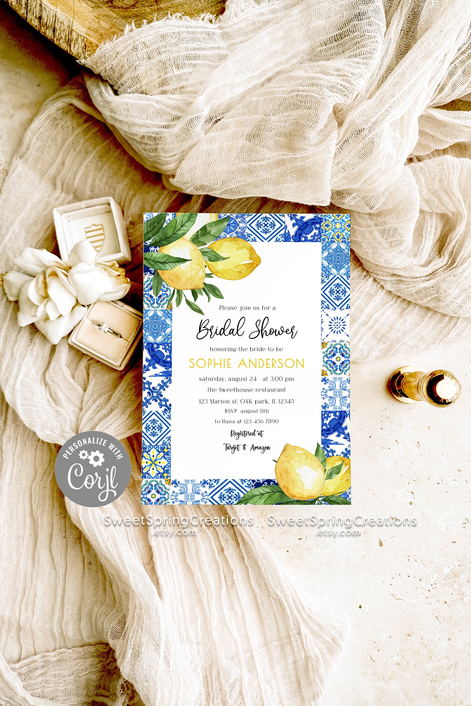 Mediterranean Tiles Lemon Bridal Shower Invitation Template - Etsy