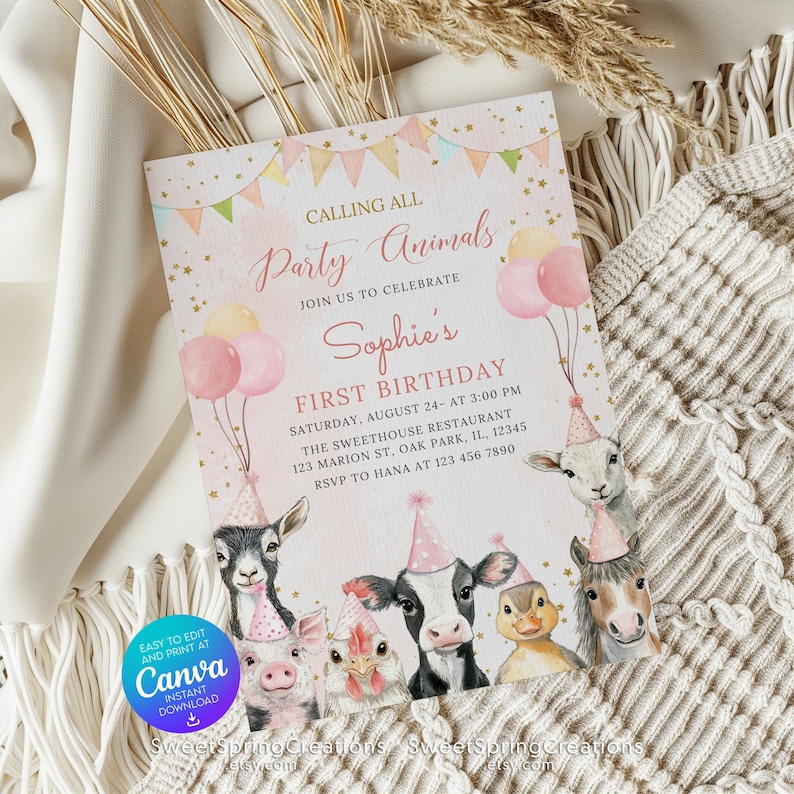 EDITABLE Pink Barnyard Party Farm Animals Birthday Invitation SSC_00157 ...