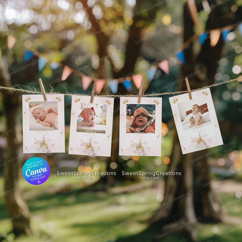 Princess 1st Birthday Photo Banner Template: Monthly Milestone Cards ...