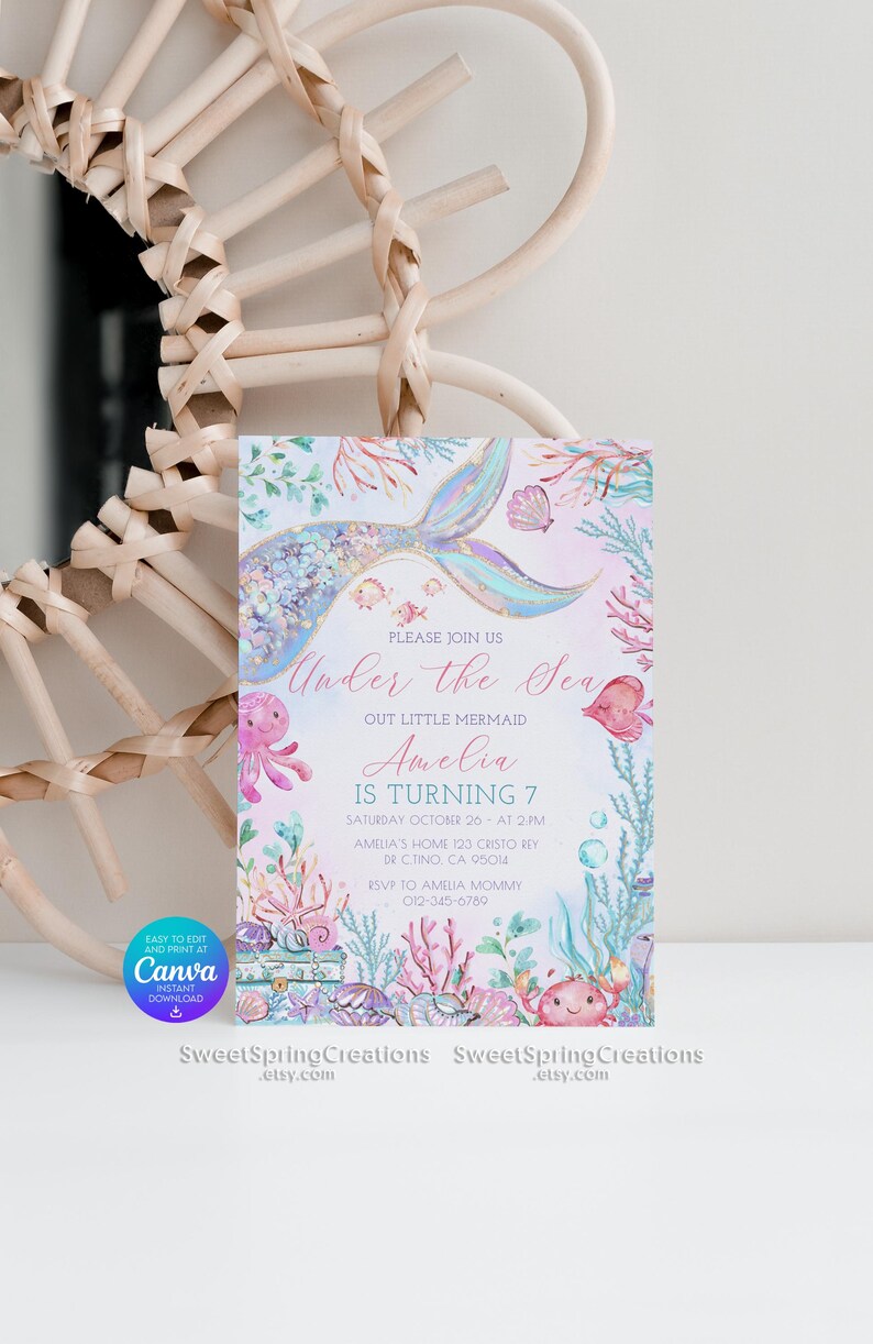 Mermaid Tail Birthday Invitation: Under the Sea Party (canva Template ...