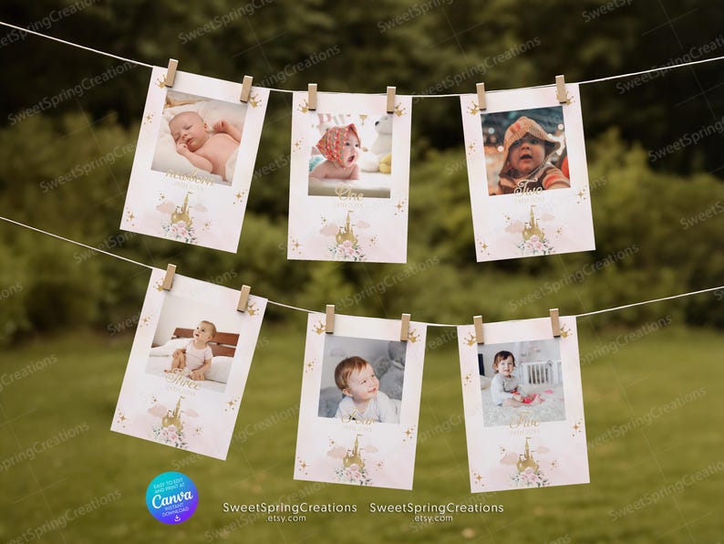 Princess 1st Birthday Photo Banner Template: Monthly Milestone Cards ...